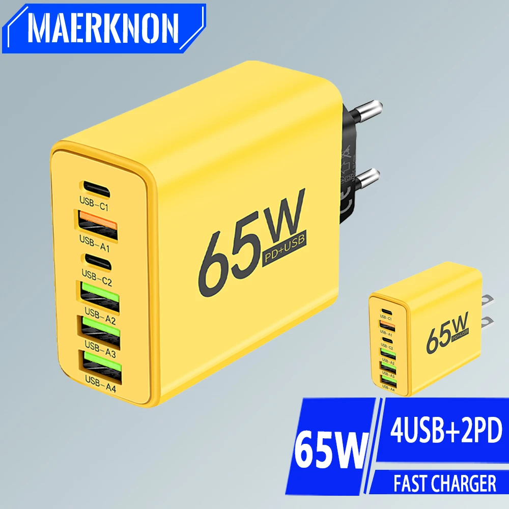 USB-Type-Charger-65W-6-Ports-Fast-Charging-EU-US-Plug-Wall-Charger-For ...