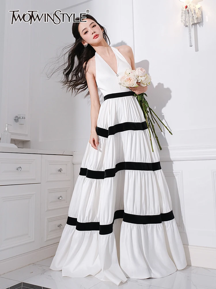 TWOTWINSTYLE-Halter-A-Line-Dresses-For-Women-Sleeveless-Backless-High ...