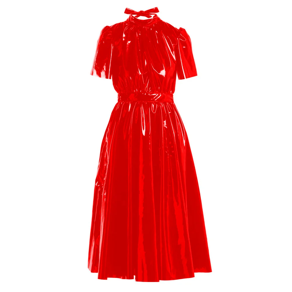 Women Short Sleeve Faux Leather PVC Dress Elegant Party Sexy Half ...