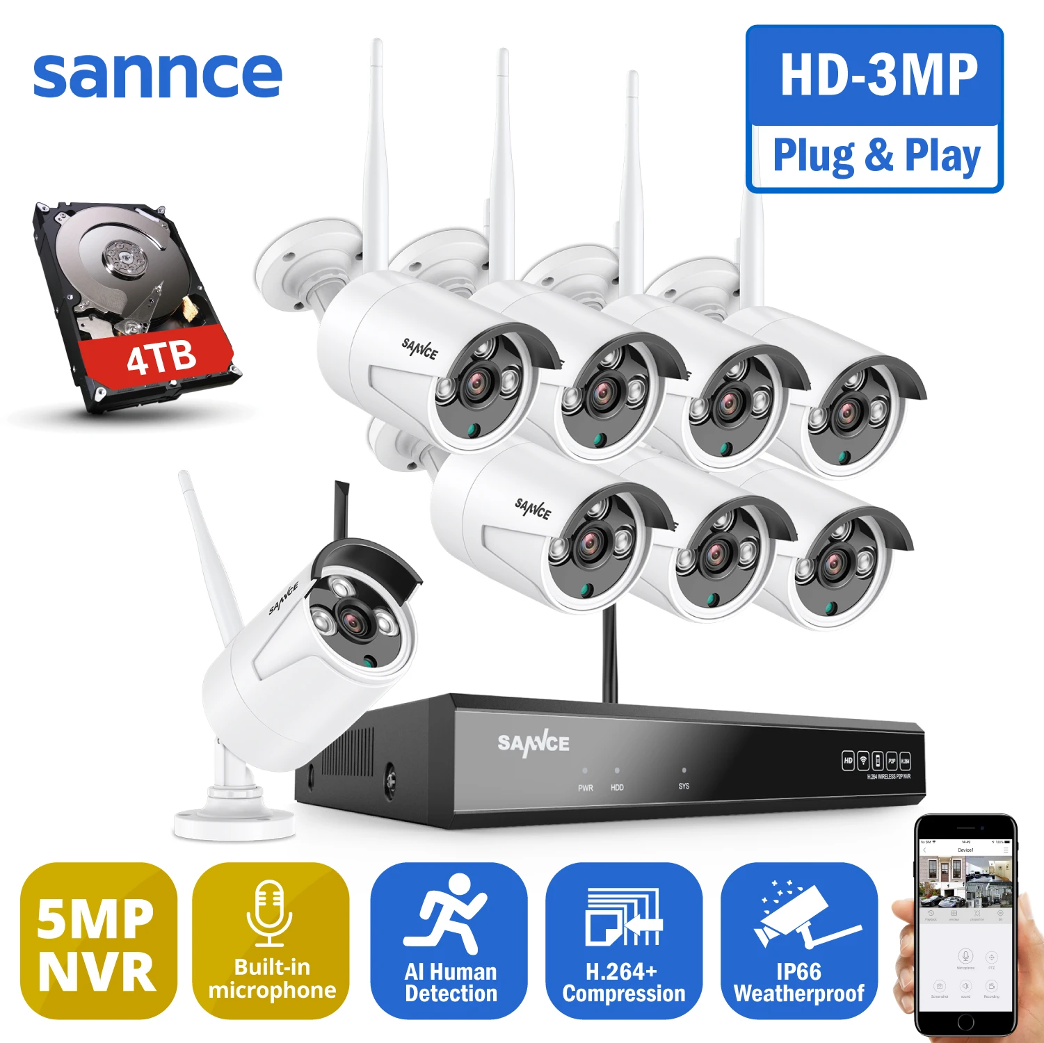 SANNCE 8CH Wireless NVR CCTV System 3MP IP Camera WIFI Audio Recording ...