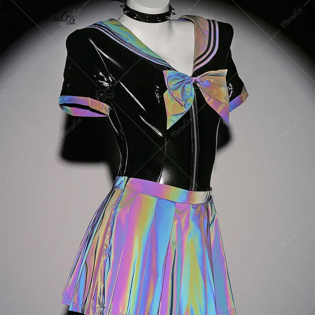 Women Sexy Black Reflective Laser Leather Sailor Costume Set with ...