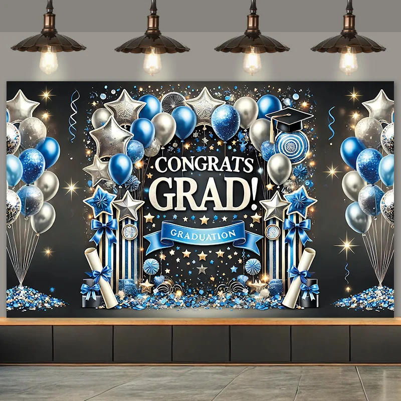 Elegant blue and silver polyester graduation background with balloons ...