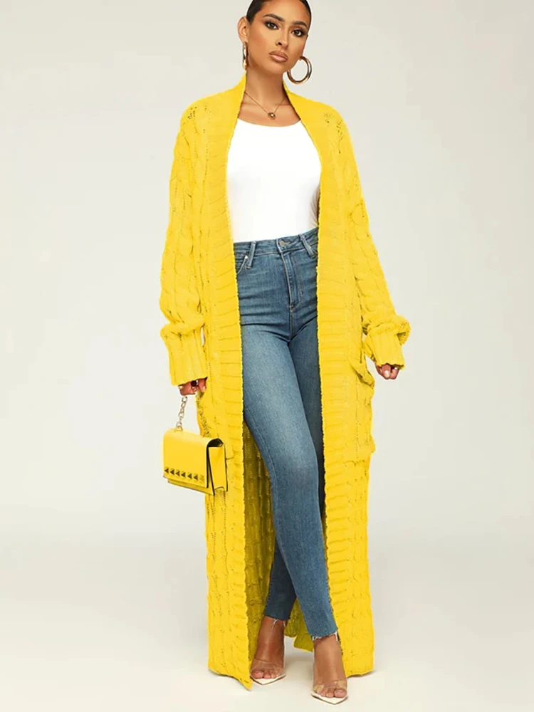 Kintted Cardigan Women Long Jacket Autumn Winter Yellow Crochet Loose ...