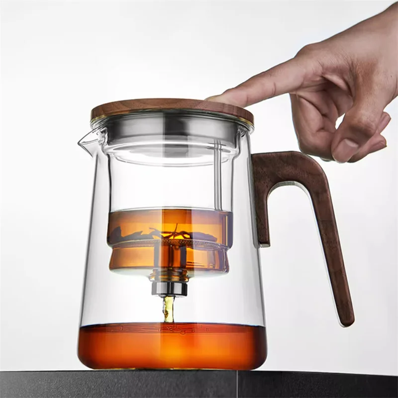 One Click Tea Separation Filtration Glass Teapots With Wood Handle Tea ...