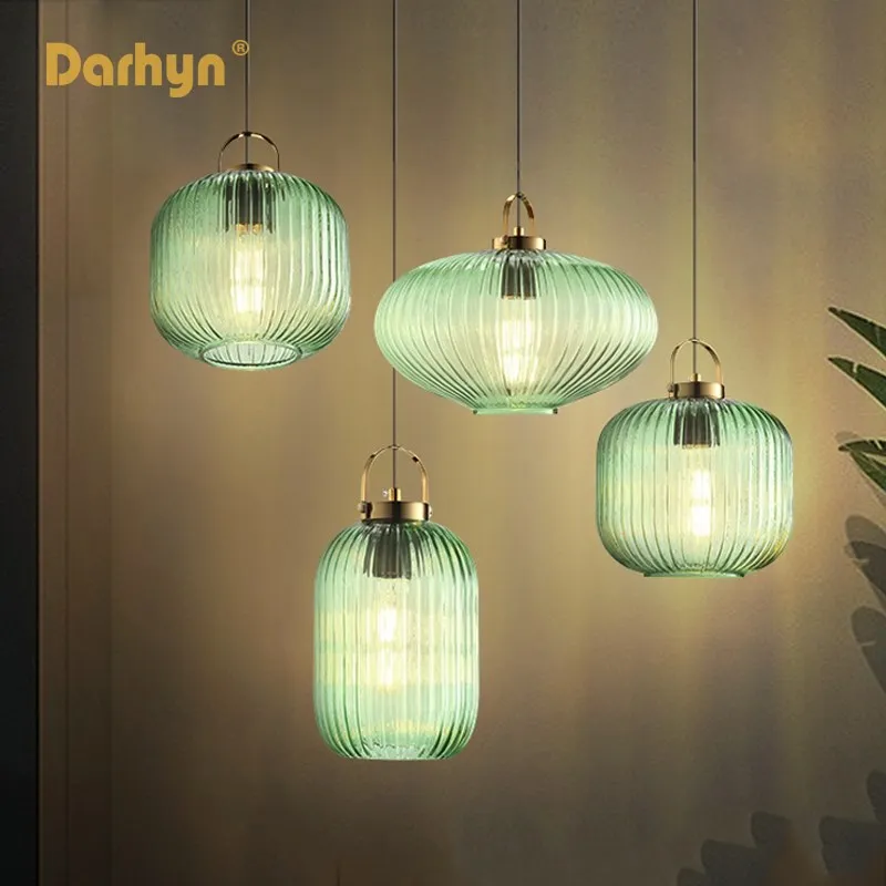 Retro-LED-Glass-Pendant-Light-Nordic-Green-Lantern-Dining-Room ...