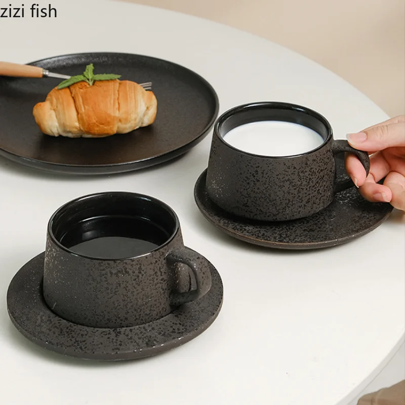 Black-Ceramic-Coffee-Cup-and-Saucer-Set-Oatmeal-Breakfast-Cups-Milk-Tea ...