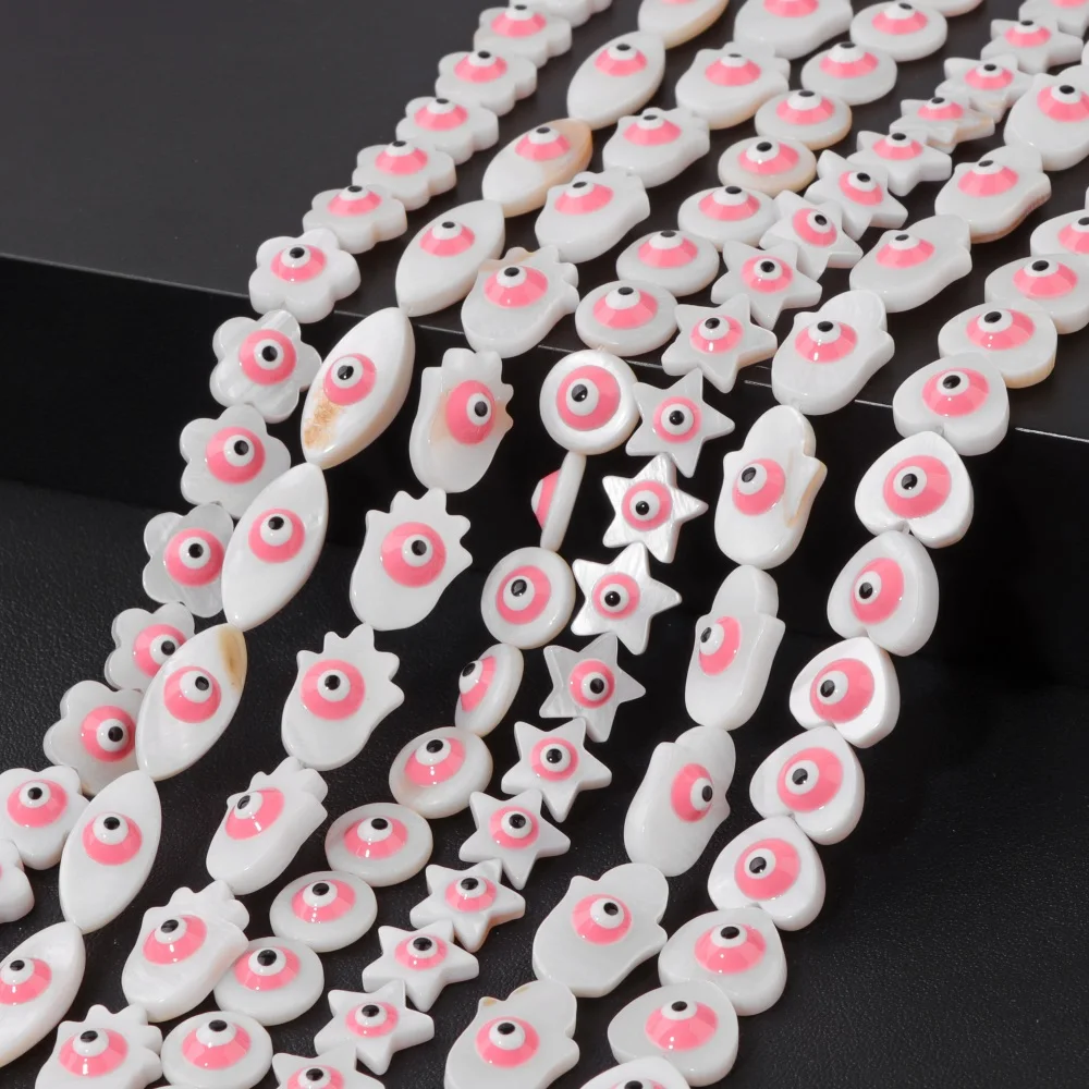 Pink-Color-Evil-Eye-Shell-Beads-Flat-Round-Hand-Shape-Mother-of-Pearl ...