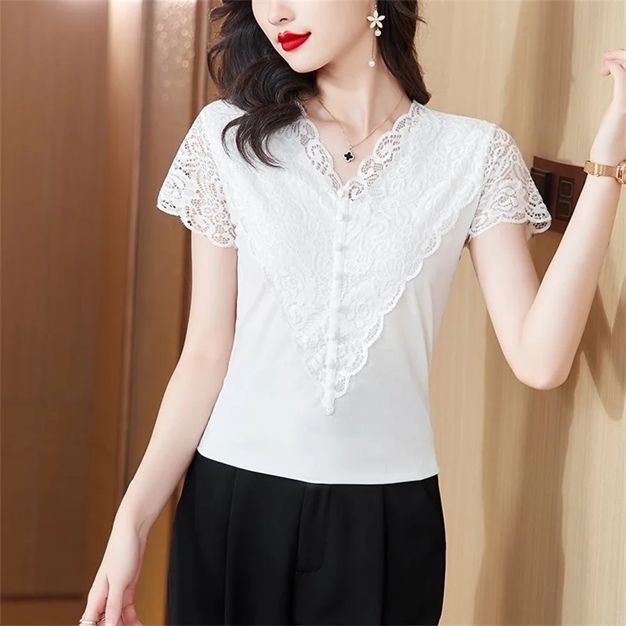 Women-Summer-Style-Lace-Blouses-Shirts-Lady-Casual-Short-Sleeve-V-Neck ...
