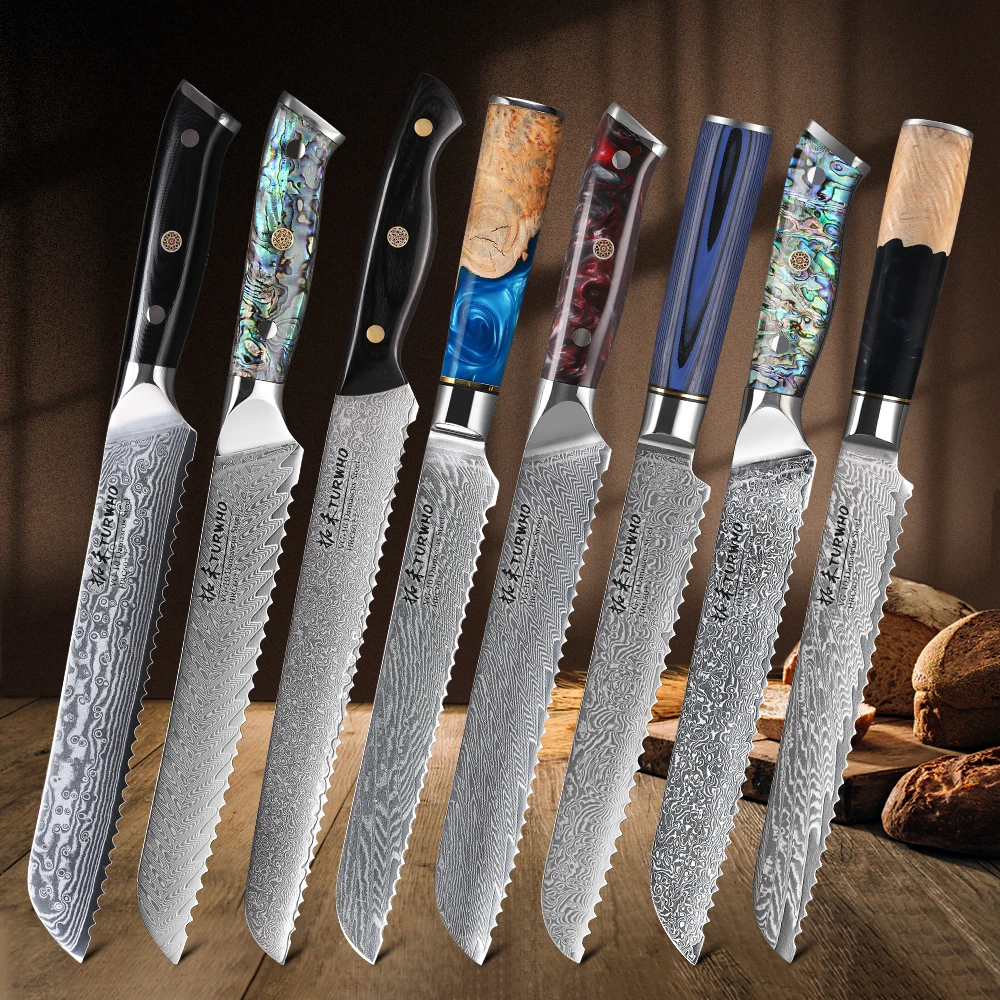 TURWHO Serrated Bread Knife Wave Edge 67 Layer Damascus Steel VG10 ...