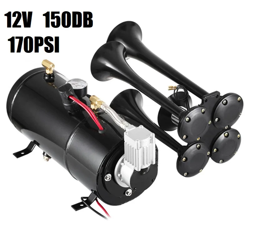 Kit-Compressor-Chifre-de-Ar-El-trico-150Psi-12V-Super-Alto-4-Trompetes ...