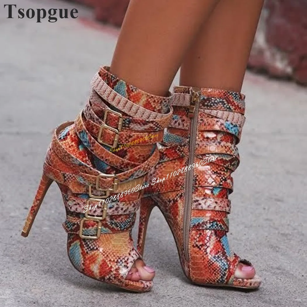 Snake-Skin-Mixed-Color-Buckle-Strap-Ankle-Boots-Thin-High-Heel-Women ...