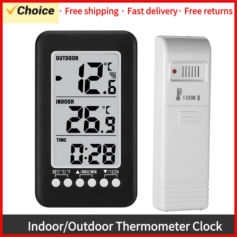 Indoor/Outdoor LCD Wireless Digital Thermometer Clock Temperature Meter ...