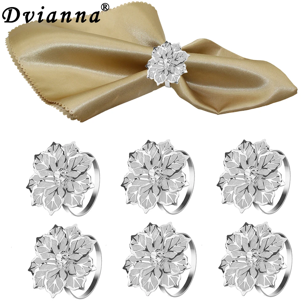 Dvianna 6pcs Rose Flower Napkin Holder Floral Rhinestone Napkins Rings For Wedding Mother's Day ...