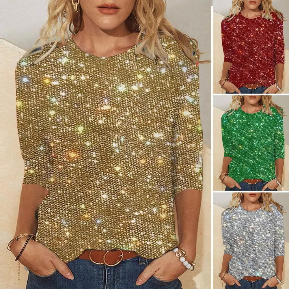 Women T-shirt Crew Neck 3/4 Sleeves Glitter Pullover Tops Shiny Sequins ...
