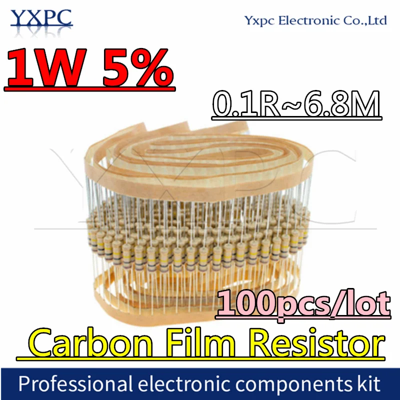 100pcs 1W Carbon Film Resistor 0.1R~6.8M 5% 1R 10R 100R 220R 330R 470R 1K 2.2K 4.7K 10K 22K 47K ...