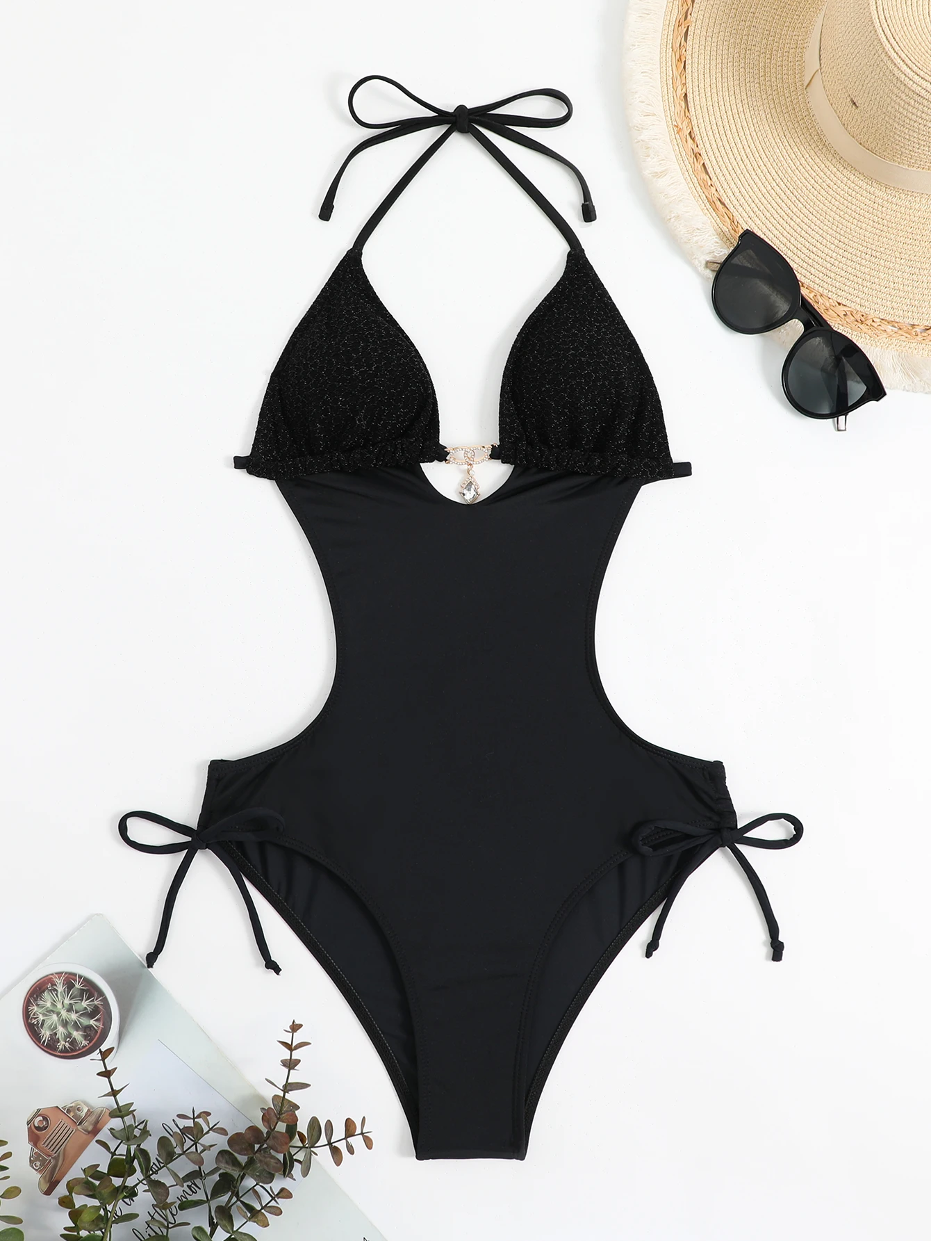 Sexy Black Swimwear Women Push Up Padded Lace Up Backless One Piece ...