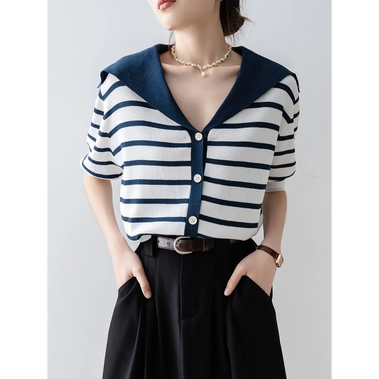 Elegant Striped Sailor Collar Single Breasted Thin Knitted Shirt Women ...