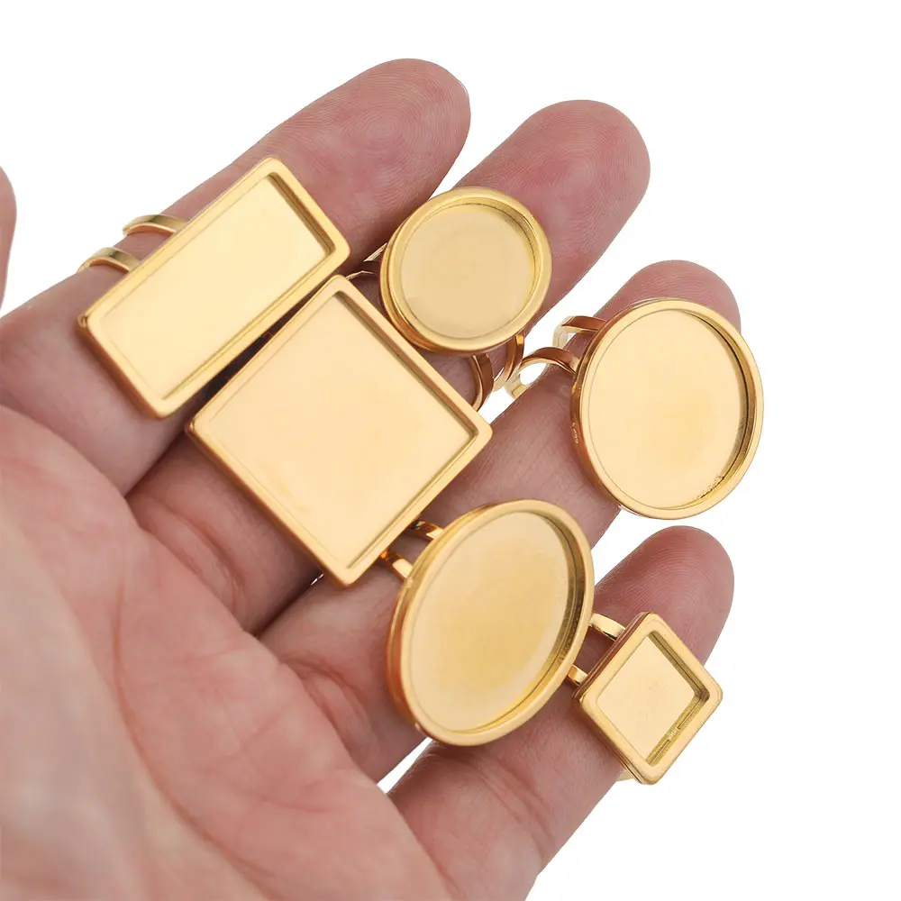 Ajustes de anillo abierto de acero inoxidable dorado, Base plana en ...