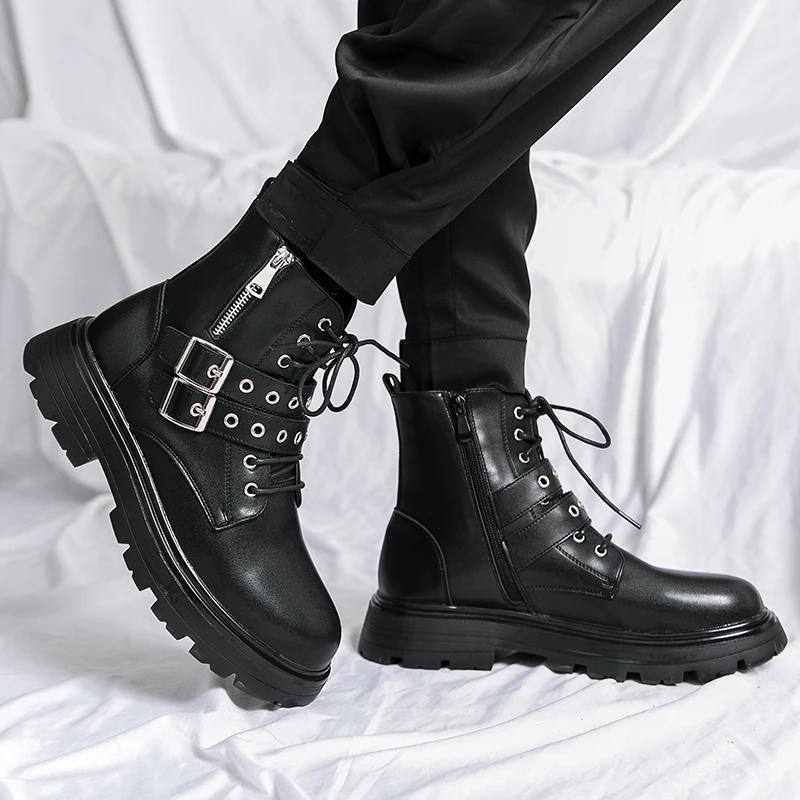 Botas de estilo Punk para hombre, Botines de cuero con cadena de ...