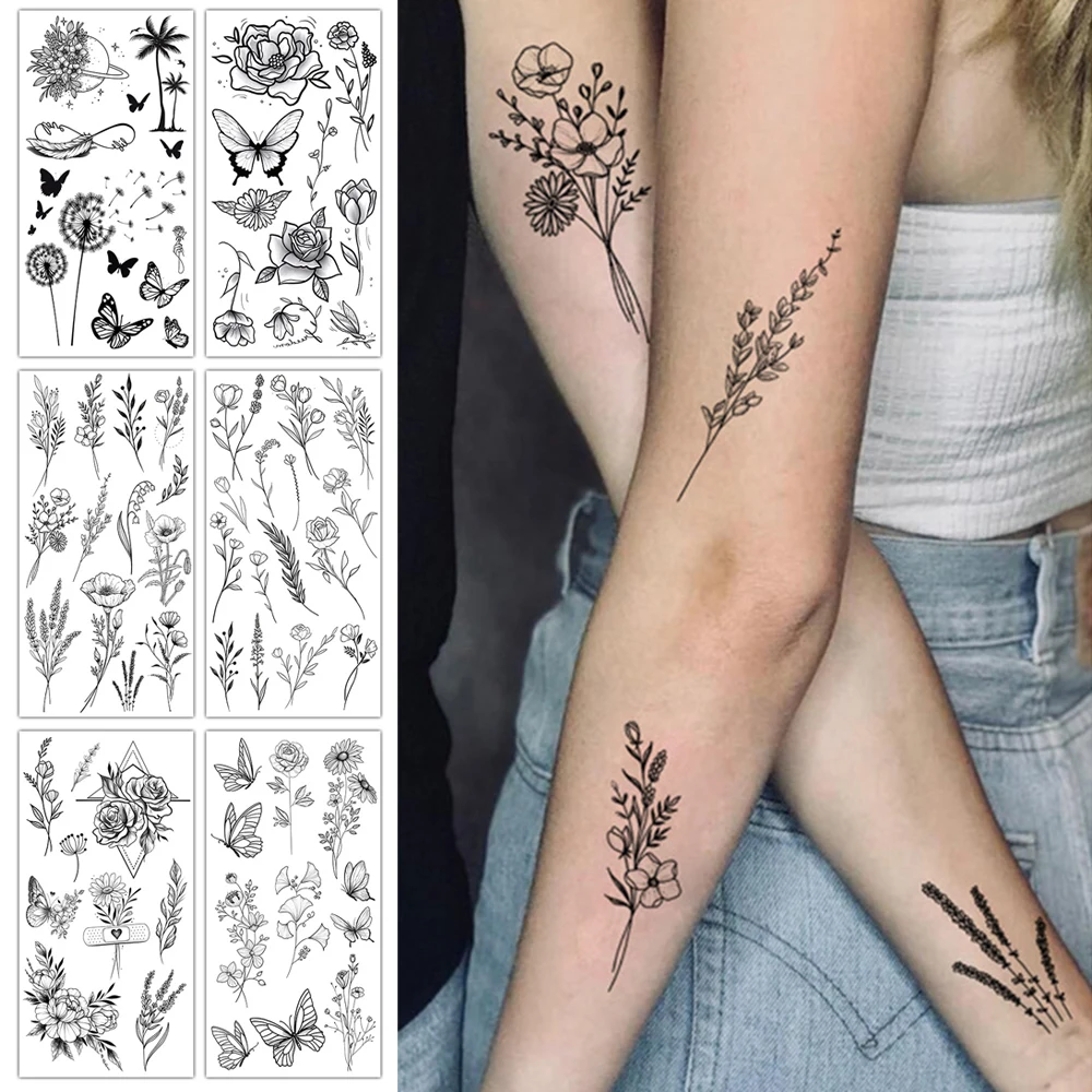 Temporary-Tattoos-Flower-Tattoo-Stickers-Butterfly-Sketch-Tattoo ...