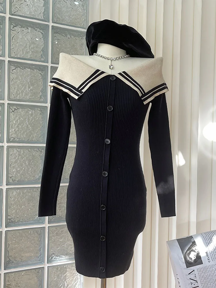 Contrast-Color-Patchwork-Women-Slim-Mini-Frocks-2022-Autumn-Slash-Neck ...