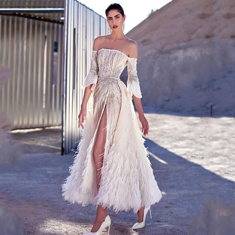 White-Mermaid-Arabic-Evening-Dress-with-Cape-Luxury-Feather-Crystal ...