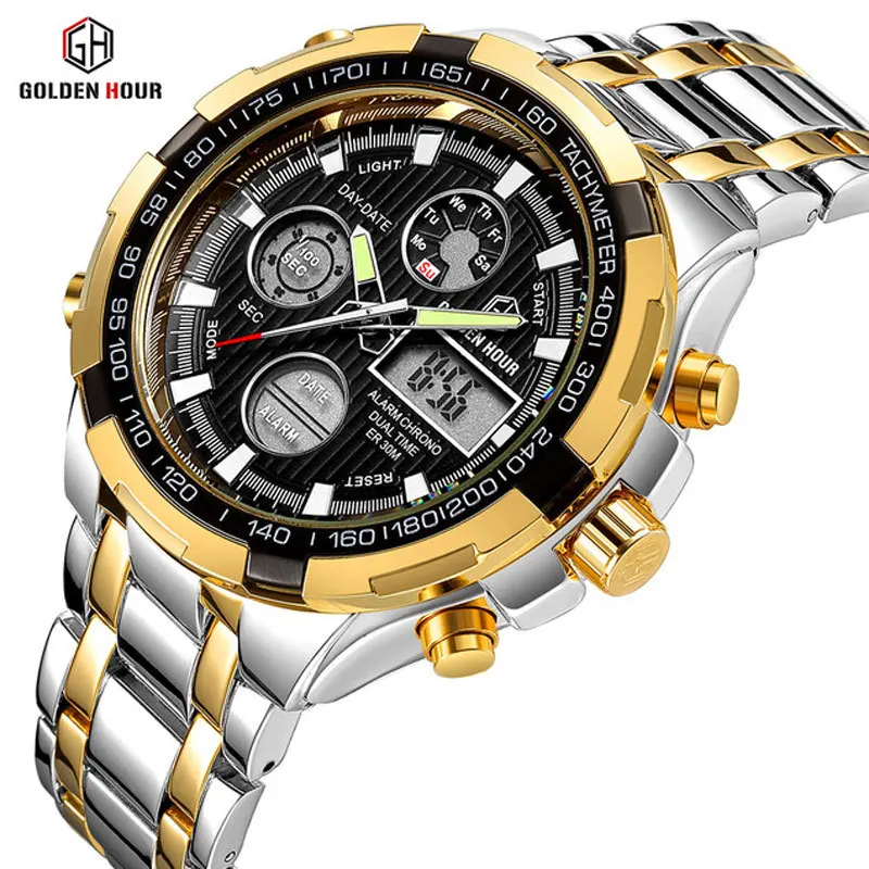 GOLDEN HOUR Top Brand Luxury Men Watches Business Casual Quartz Dual ...