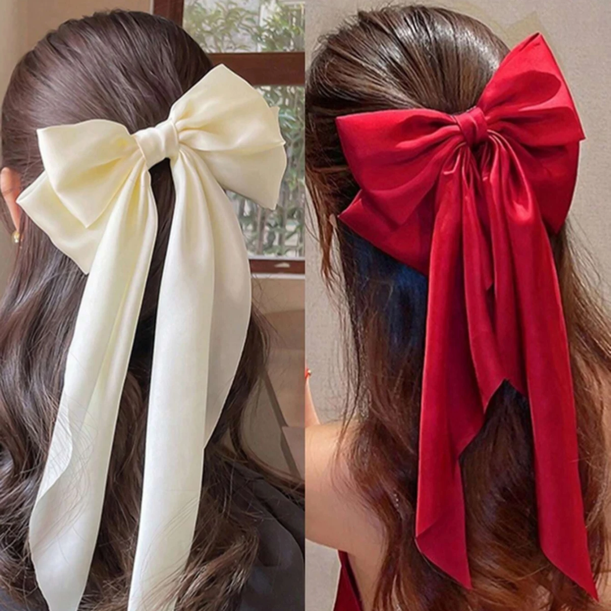 2PCS-Solid-Color-Bow-Ribbon-Hair-Clip-Elegant-Simple-Hairpins-Satin ...