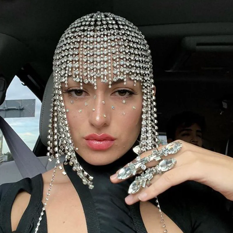 2023 Glitter Rhinestone Short Fringed Hair Chain Headband Stage ...