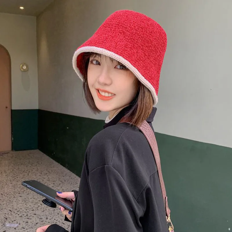 Korean Woman Knitted Bucket Hat Autumn Winter Warm Panama Cap Harajuku ...