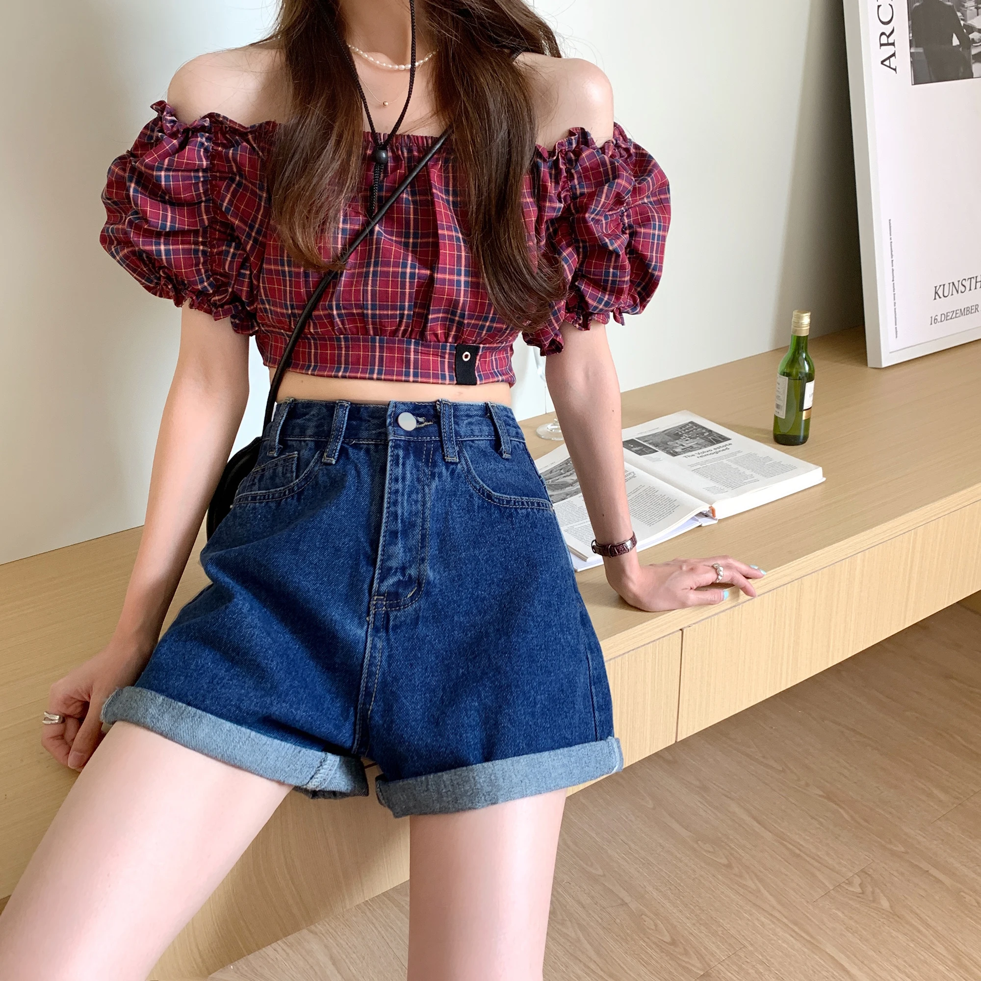 여성용 하이웨이스트 빈티지 와이드 레그 데님 반바지 플러스 사이즈 루즈핏 버튼 플라이 핫팬츠 롤드 밑단 패셔너블한 여름