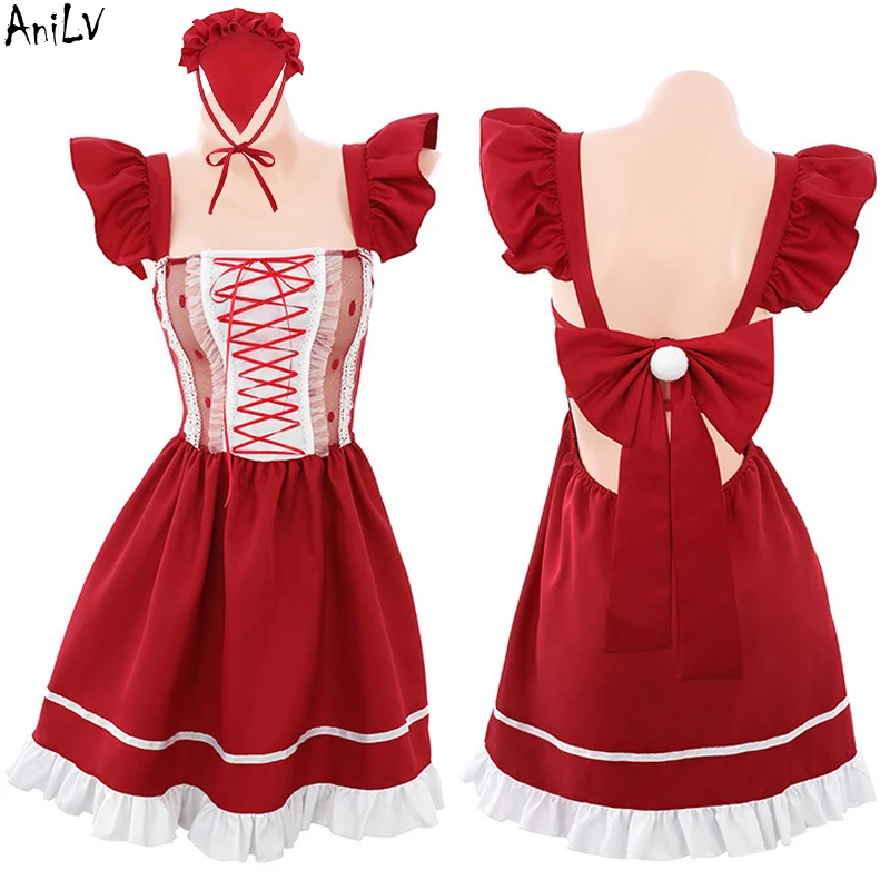 AniLV Anime Gilr Red Lolita Uniform Costumes Women Back Big Bow Maid ...