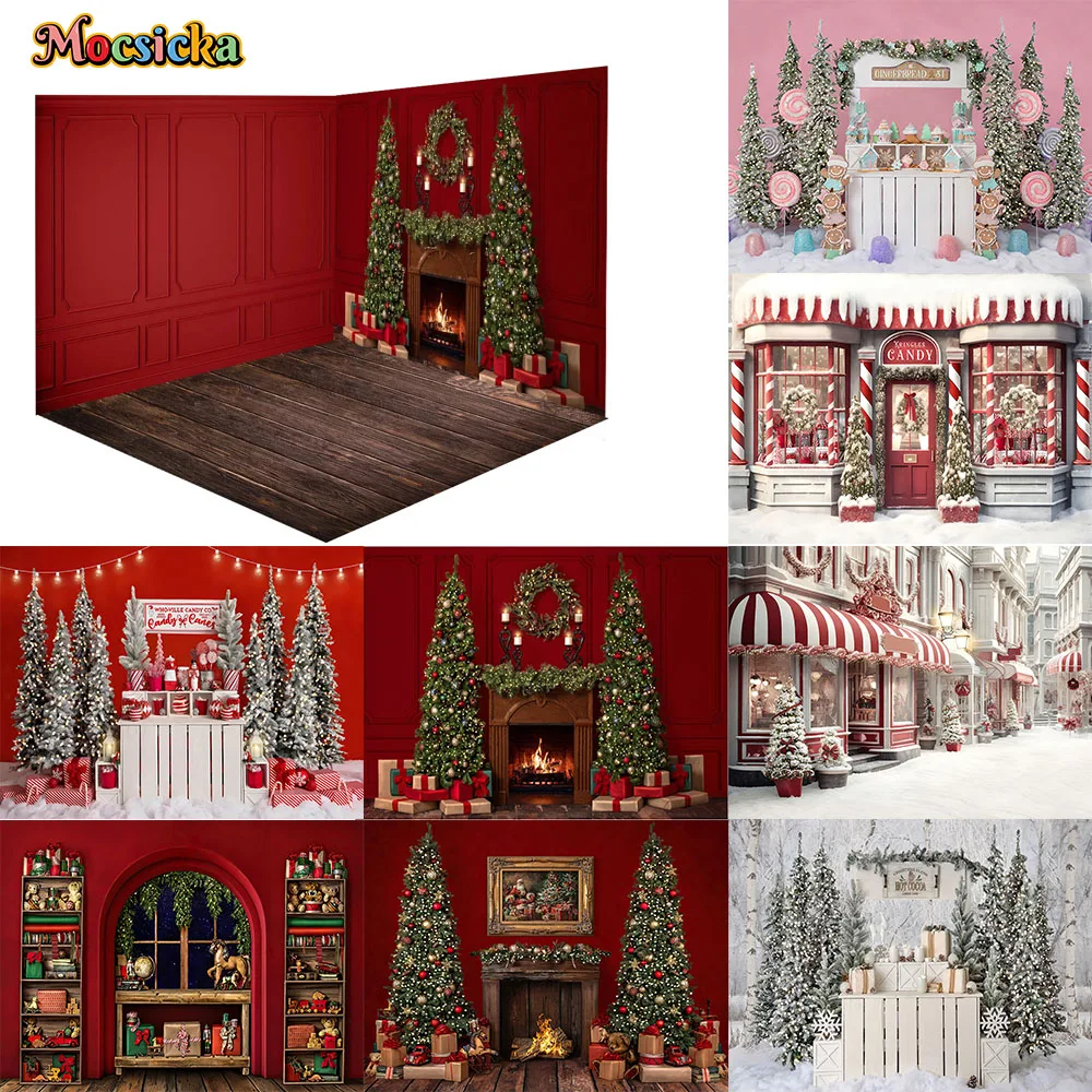 Christmas Photography Background Xmas Tree Wreath Fireplace Candy Store ...