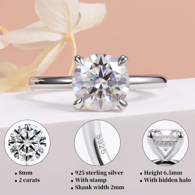Moissanite Ring Engagement Rings for Women 925 Sterling Silver 2ct ...