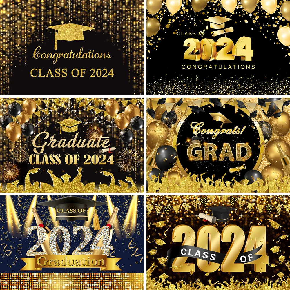 Happy-Graduation-Balloons-2024-Photography-Backdrop-Black-and-Gold ...