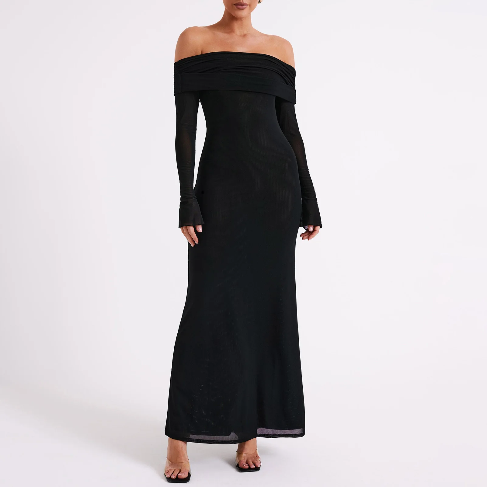 Women-Slash-Neck-Bodycon-Dress-Spicy-Girl-Long-Sleeve-Dress-Solid-Color ...