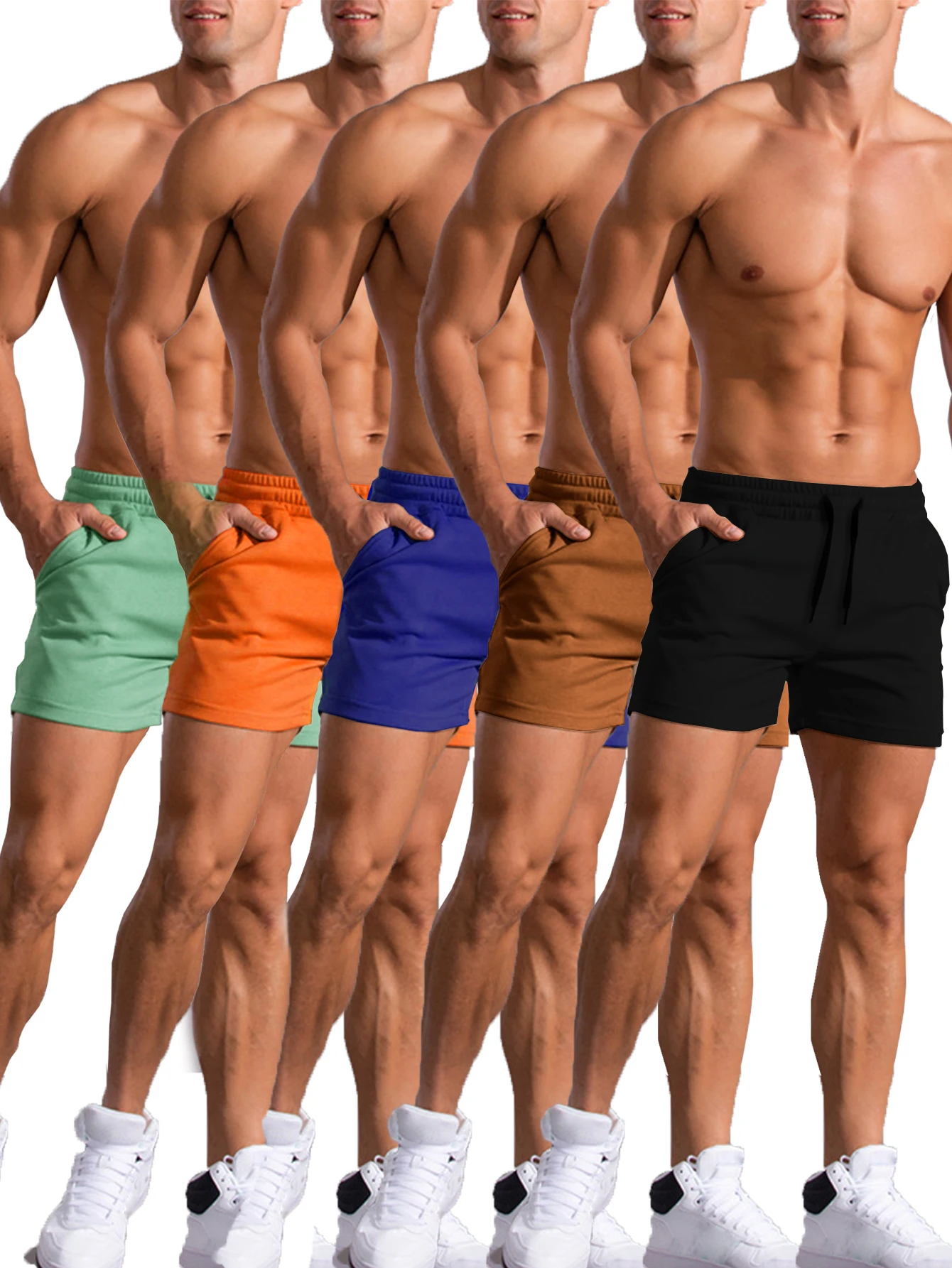 5 pieces of men's summer simple and casual solid color sports fitness ...