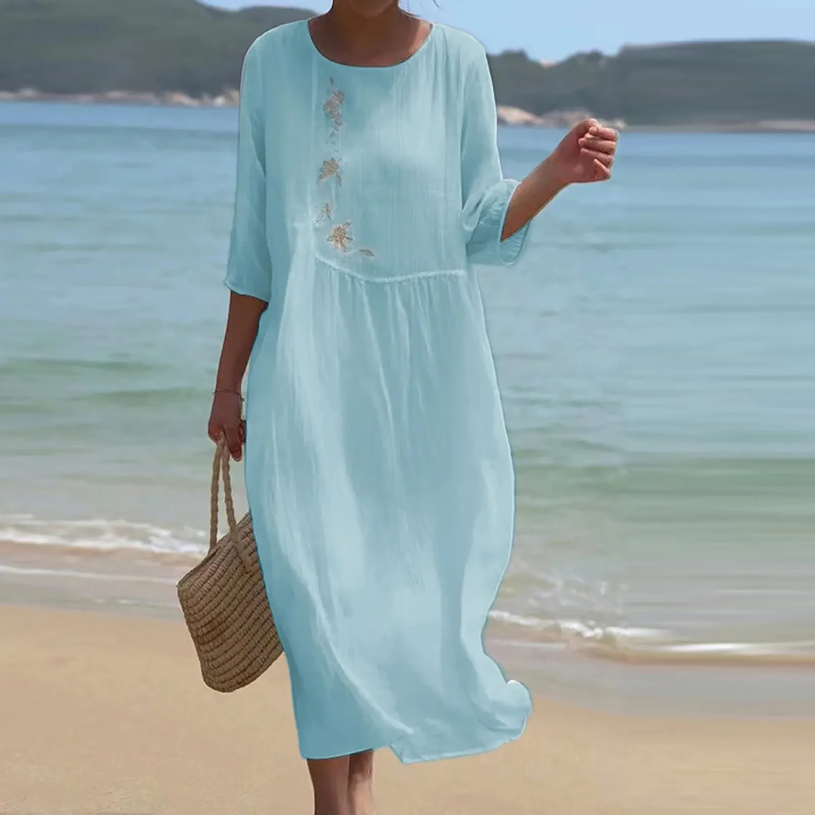 Elegant Simple Cotton and Linen Long Dress Summer Casual Solid Color ...
