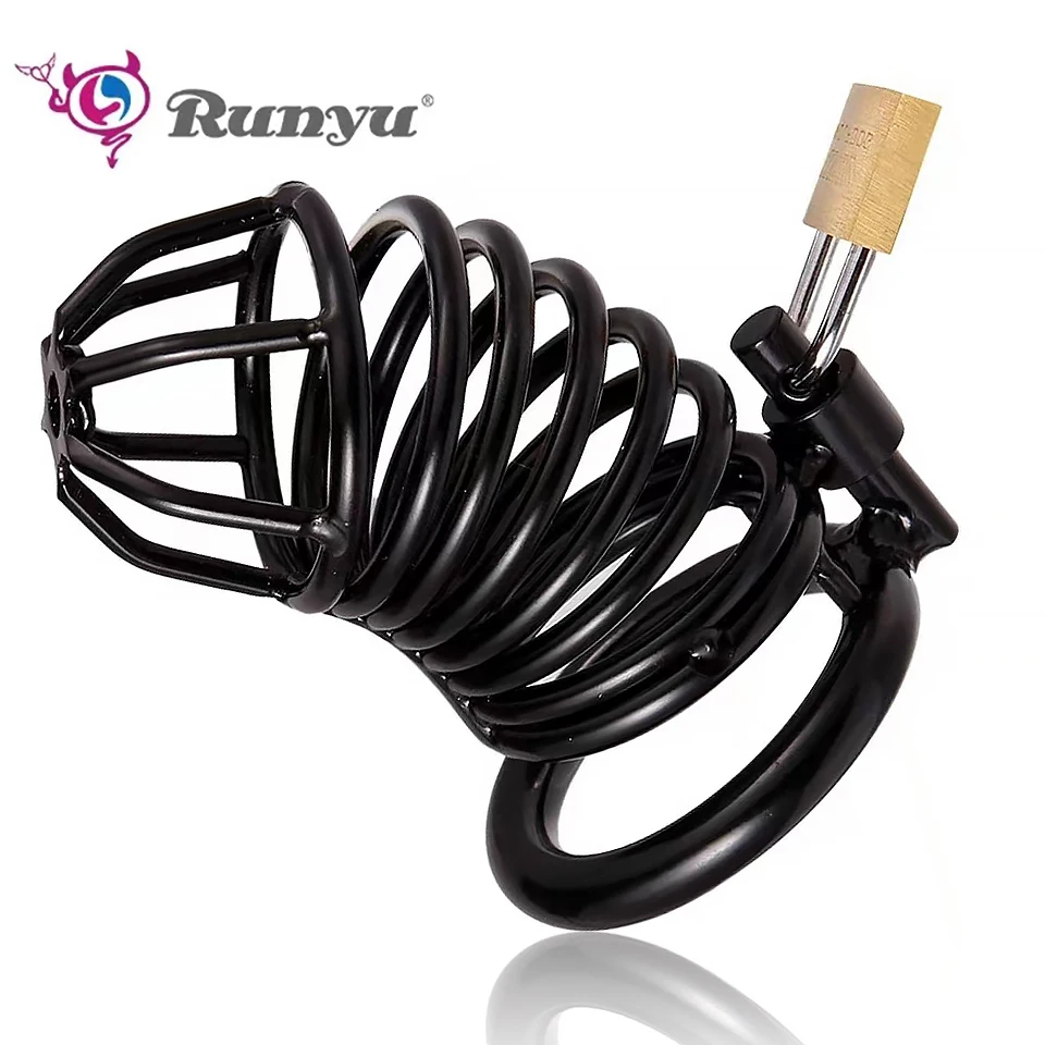 Runyu Metal Black Man Chastity Cage Stainless Steel Penis Restriction Anti Cheating Urethra Lock ...