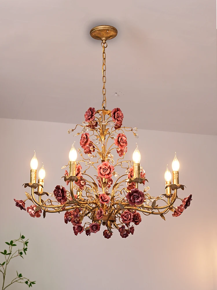 French-Garden-pink-Chandelier-lamps-Vintage-ceramic-Flower-red-Rose ...