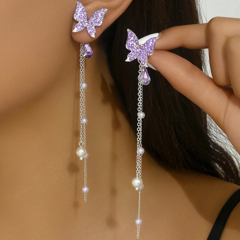 Purpule Rhinestone Butterfly Tassel Earrings for Women Imitation Pearl ...