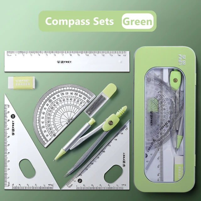 7PCS Stainless Steel Compass Set Math Geometry Tools with Eraser Ruler ...