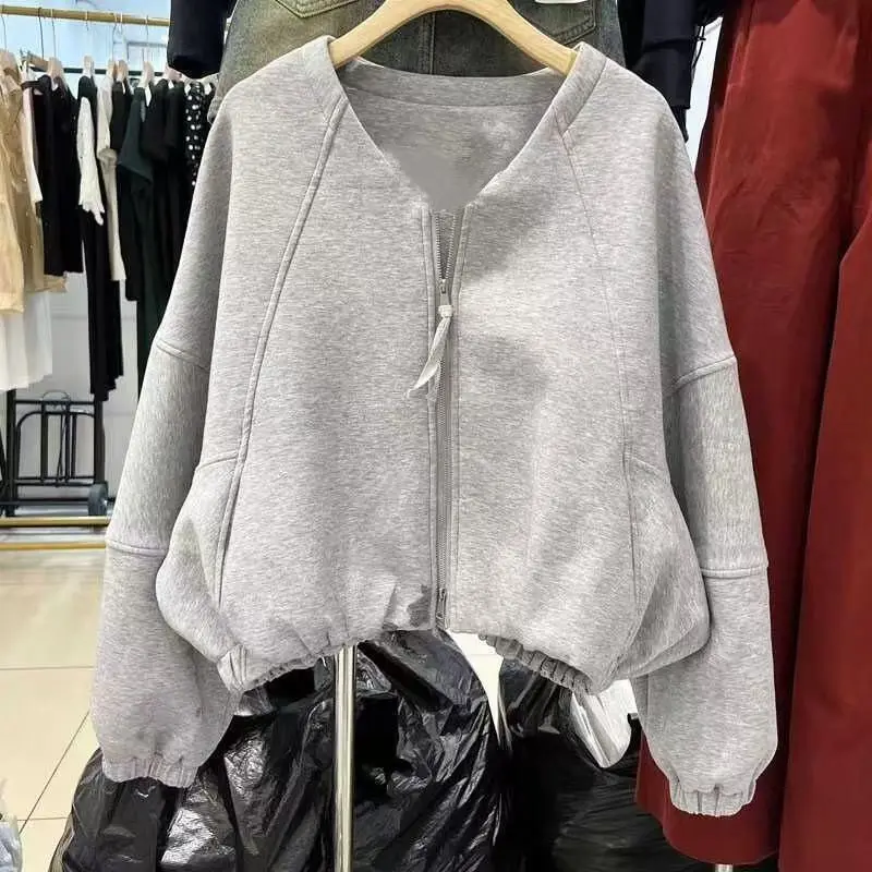 2025 Women's Deep V-Neck Zip-Up Sweatshirt Cropped Hoodless Cardigan ...