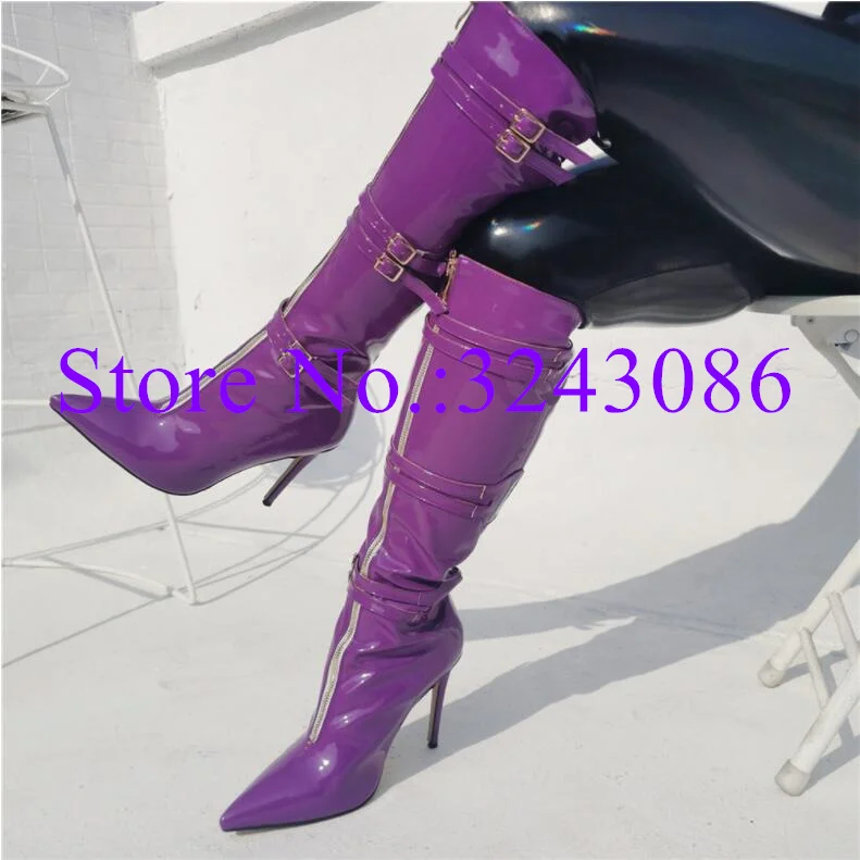 Botas-largas-de-charol-para-mujer-botines-hasta-la-rodilla-con-correa-y ...