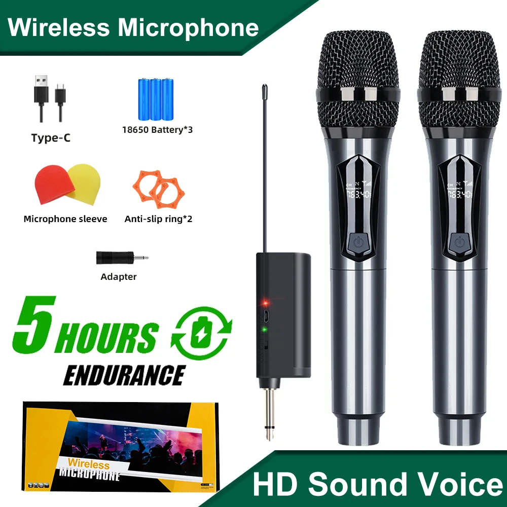 Wireless-Microphone-18650-Rechargeable-Handheld-Microphones-2-Channels ...