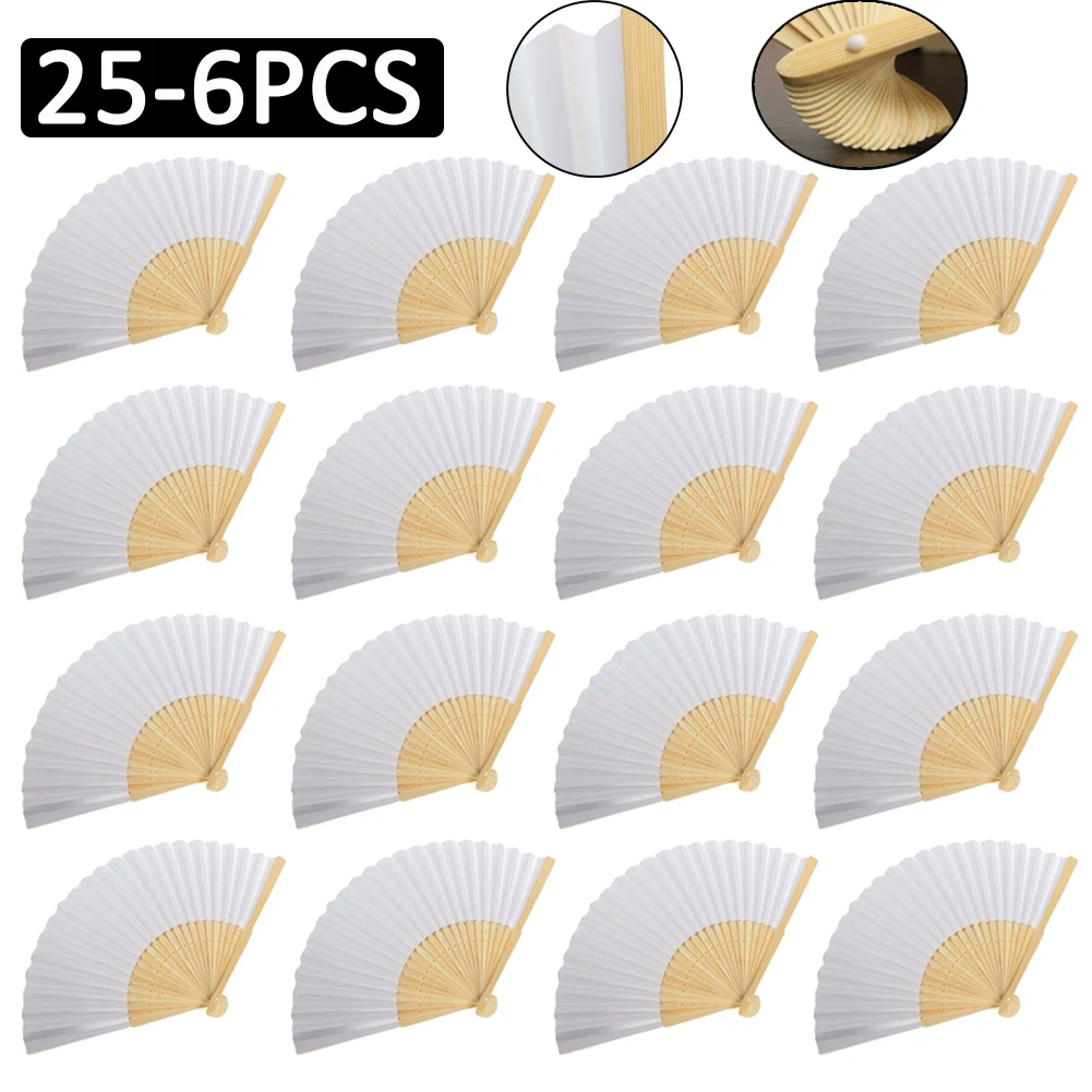 25-6pcs Blank White DIY Paper Bamboo Folding Decorative Fans Hand ...