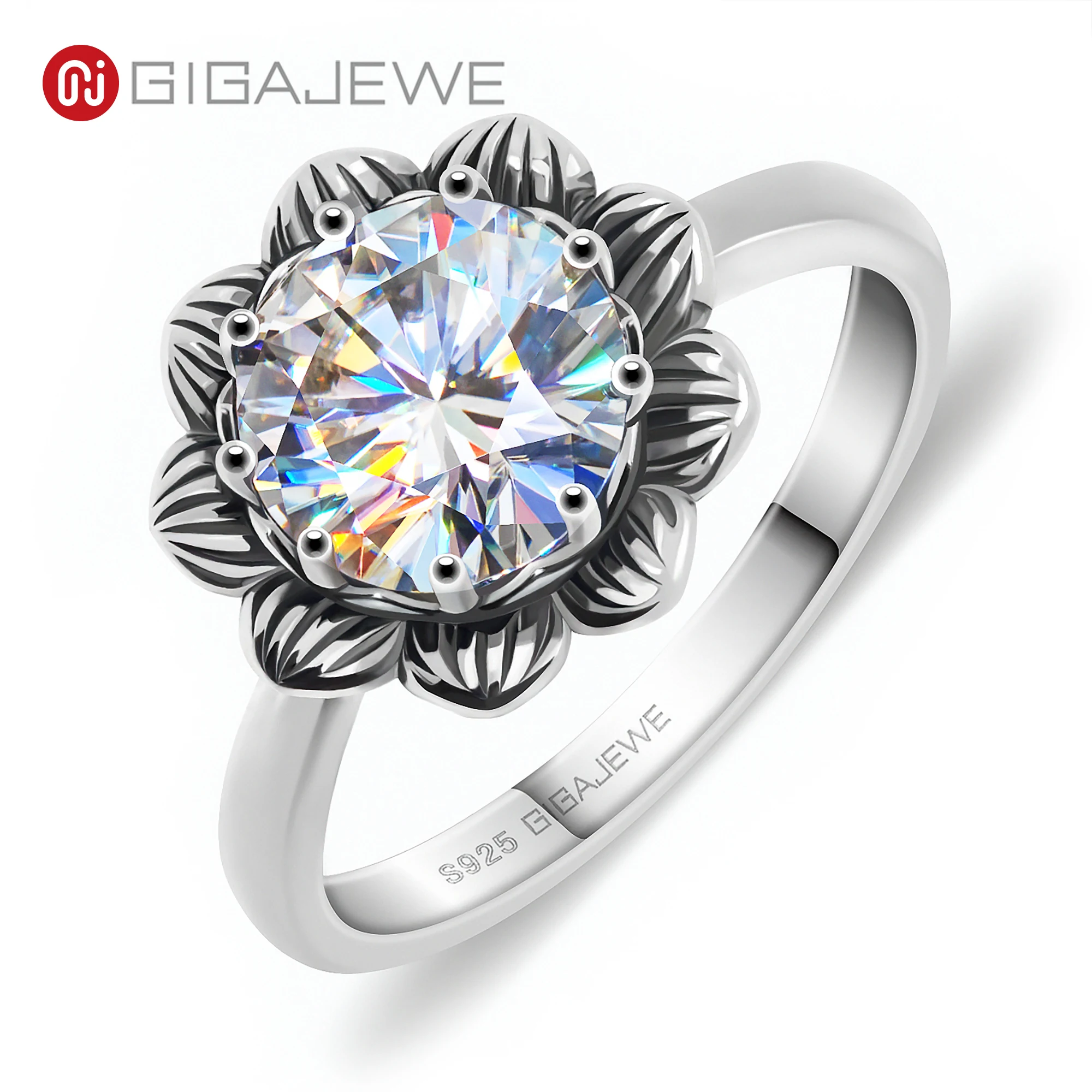 GIGAJEWE 2.0ct 8.0mm EF Round Cut VVS1 925 Thai Silver Moissanite Ring ...