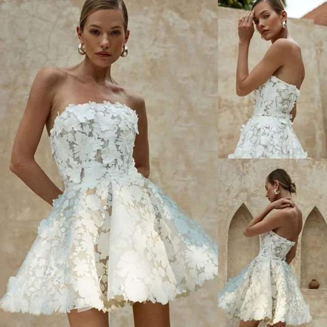 Beach Sleeveless Mini Length Short Wedding Party Dress 2024 Strapless ...