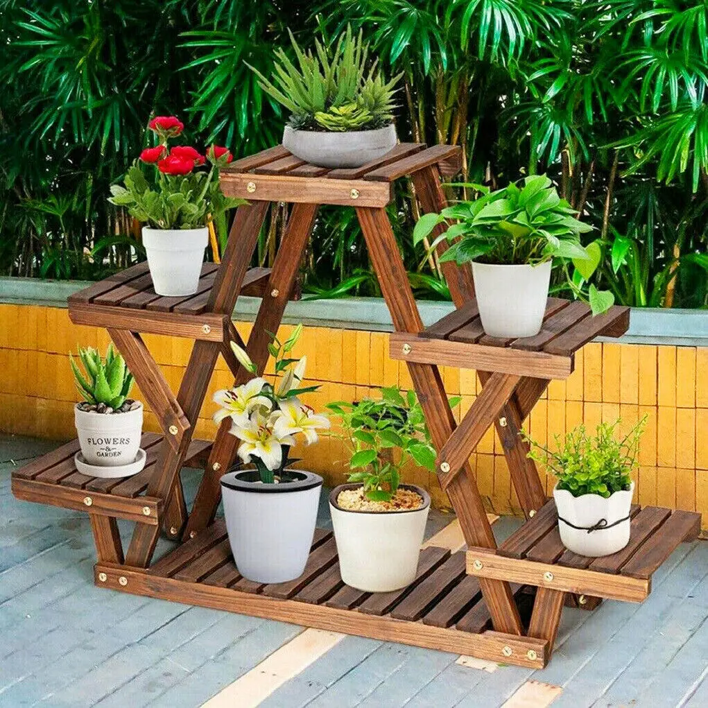 6 Tier Pine Wood Plant Stand Triangle Outdoor Indoor Flower Pots Holder ...