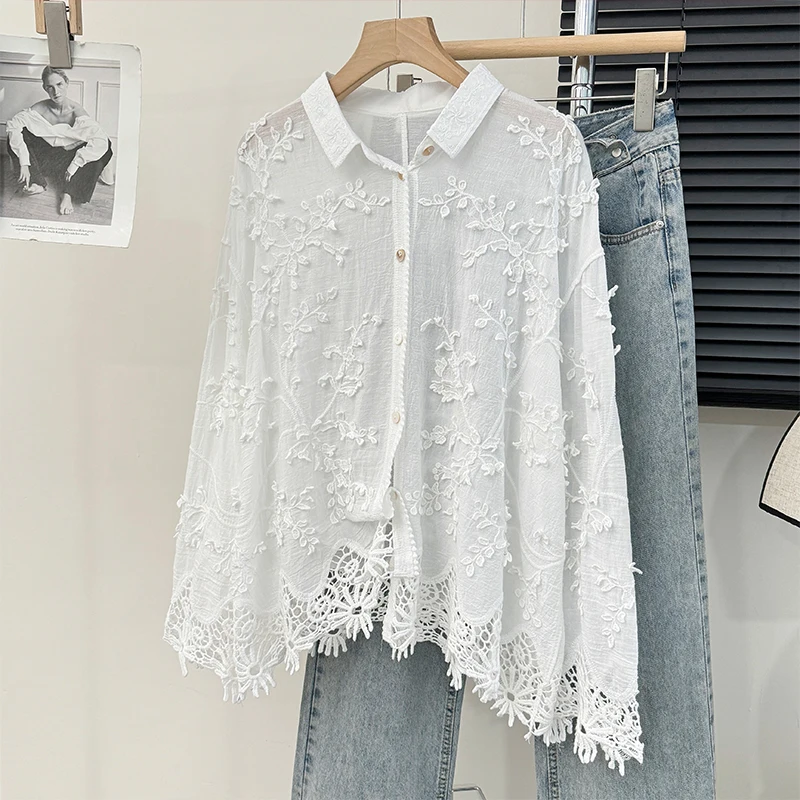 Embroidery-Stereo-Jacquard-Gentle-Blouses-Single-breasted-Lace ...